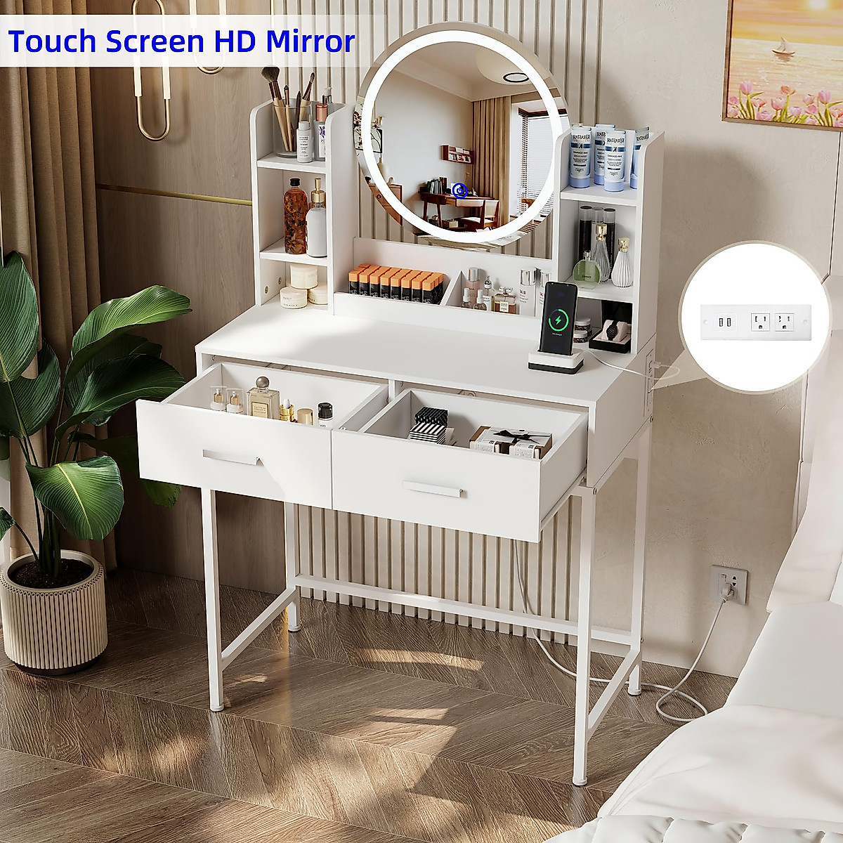 HDDDZSW Vanity Desk with Mirror and Lights, Make up Vanity Desk with Charging Station and 2 Drawers, Dressing Table with 3-Lighting-Modes Makeup Mirror, White Vanity Makeup Table for Bedroom