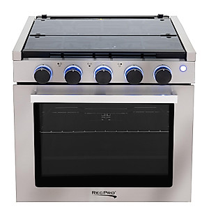 RecPro RV Stove Gas Range 21" Tall | 6500 and 8000 BTU Three Burner | 7100 BTU Oven with 1.8 Cu. Ft Capacity | Black or Stainless Steel Finish (Silver Version B, No Vented Range Hood)