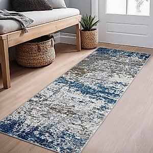 GarveeHome Washable Runner Rug 2x6 Modern Abstract Hallway Rug Soft Laundry Room Rug Non Slip Kitchen Rug Low Pile Accent Rug for Bedroom Bathroom Living Room, Navy