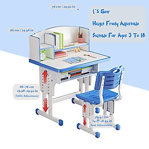 WGLAWL Kids' Study Desk Chair Sets, Blue, Adjustable Height, Ergonomic Design, with Large Storage Drawer and Bookshelf, Suitable for Ages 3-18