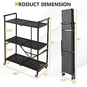 GOFLAME 3-Tier Rolling Cart, Folding Mesh Metal Utility Cart with Handles and Lockable Wheels, Multipurpose Storage Rack Organizer, Mobile Service Cart for Living Room Kitchen Office