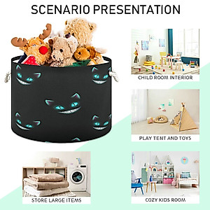 Kigai Cheshire Cat Texture Large Round Storage Basket with Handle, Collapsible Decorative Laundry Baskets for Blanket, Cotton Rope Organizer Toys Towels Nursery Hamper Bin, 20" x 14"