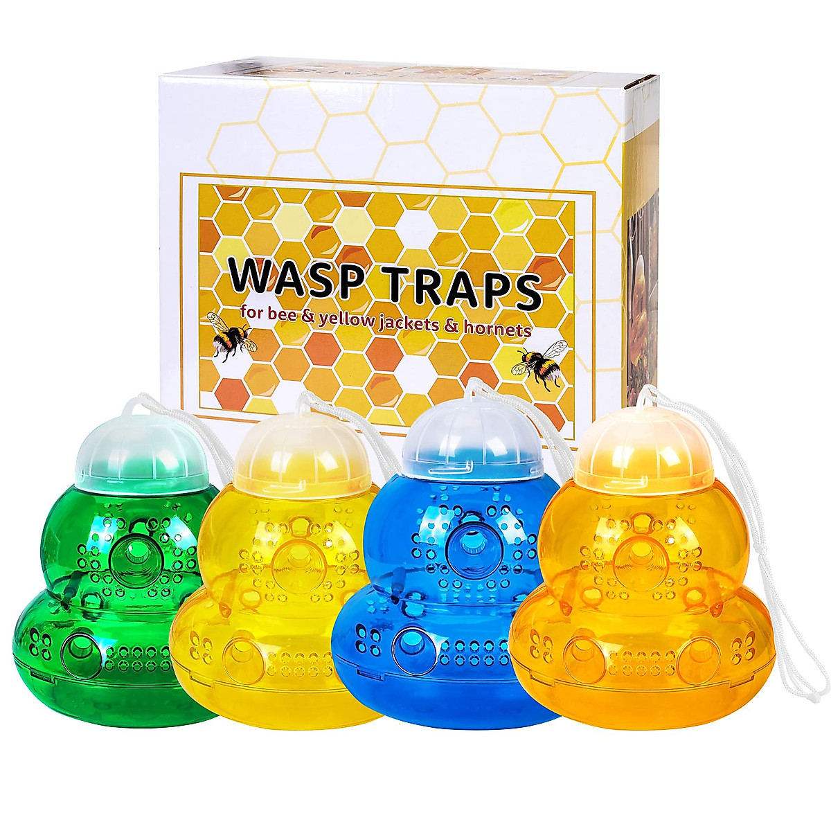4 Pack Wasp Trap, Hornet Trap Outdoor, Bee Catcher for Outside, Yellow Jacket Killer Hanging, Fly Insect Killer, Yellow & Orange & Green & Blue