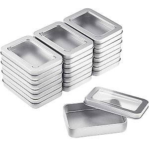 Metal Tin Box Metal Tins With Lids Clear Top Tins Box Empty Storage Tins Case Rectangle Containers Can with Large Clear Window for Candles, Candies, Gifts, Balms and Treasures, Silver(24 Pieces)