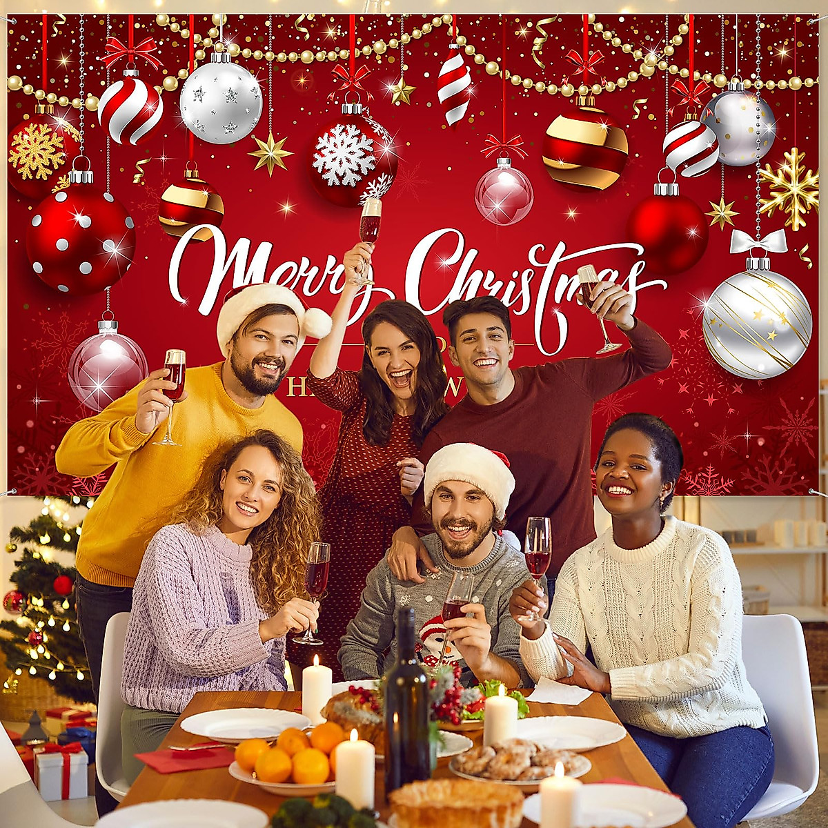 Christmas Backdrop Merry Christmas Party Decoration Christmas Photo Banner Signs Xmas Photography Background Photo Props for Winter New Year Xmas Eve Family Party Decoration Supplies (Ball)