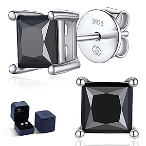 MomentWish Black Stud Earrings, 2Carat Moissanite Princess Cut Stud Earrings, D Color VVS1 Simulated Black Diamond 925 Sterling Silver Solitaire Earrings