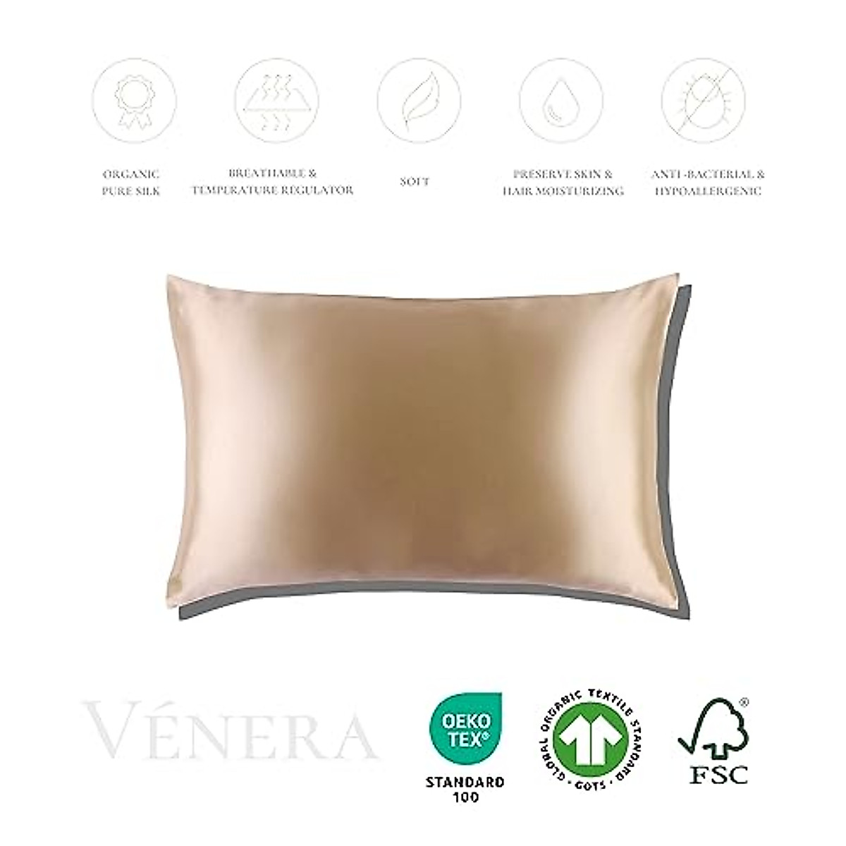 VÉNERA Silk Pillowcase - 22 Momme 100% Pure Mulberry Silk for Hair and Skin, Envelope Closure, Both Sided 22 Momme Grade 6A Silk, Soft&Hypoallergenic (Standard 20''x26'', Caramel)