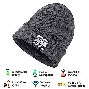 Happy-top Wireless Bluetooth Beanie Hat Winter Soft Warm Knit Music Hat Cap with Stereo Headphone Headset Speaker Mic Hands Free for Men Women Outdoor Sports Skiing Running Skating Dark Grey