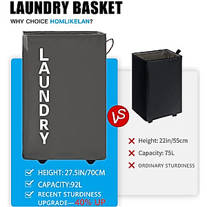 92L Extra Large Laundry Hamper with Leather Handle,Standable Laundry Basket with Wheels Laundry Hamper on Wheels,Large Hamper,Rolling Laundry Basket Grey
