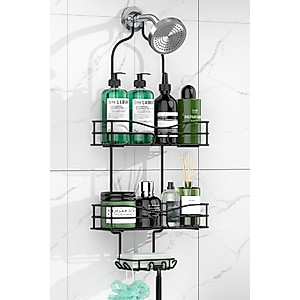 Bathroom Shower Caddy Hanging - Shower Organizer Hanging 3-Tier with Soap Holder & 6 Hooks for Towels, Sponge, Shower Caddy over Shower Head Fits 21mm Shower Head Arm, Black