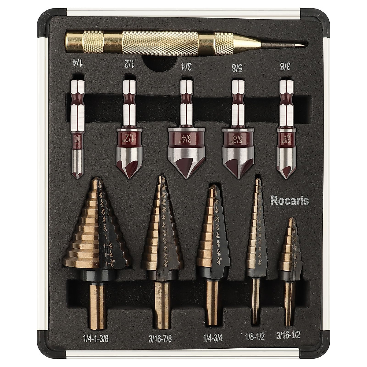 Rocaris 5 Pack Step Drill Bit & 5 Pack M2 Countersink Drill Bit Set, Titanium Coated, 50 Sizes of Step Bit for Metal with Aluminum Case, Multiple Hole Stepped Up Bits for DIY