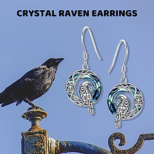 Crystal Raven Earrings Sterling Silver Crow Viking Odin Bird Drop Earrings Blue Crystal Raven on Moon Jewelry Gifts for Women