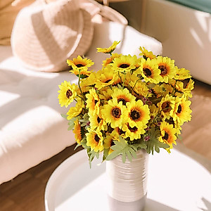 AUNTY 10 Bunches Mini Artificial Silk Sunflowers Fake Sunflowers Bouquet with Long Stems Decorations for Party Indoor Outdoor Home Décor Garden DIY Table Arrangements Decoration