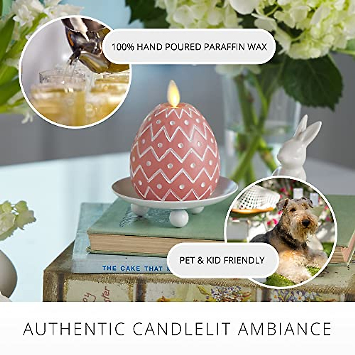 Luminara Rose Tan Egg Figural Flameless Moving Flame Candle, Unscented Real Wax LED Candle, Timer, Holiday Decoration Centerpiece (3"x4.25")