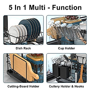 Aonee Dish Drying Rack, 2 Tier Dish Rack with Drainboard, Cutlery Holder, Cutting-Board Holder, Cup Holder and 3 Hooks, Large Dish Racks for Kitchen Counter, Rust-Proof Dish Drainer, Black