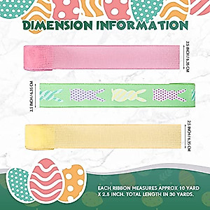 3 Rolls 30 Yards Easter Bunny Wired Edge Ribbons 2.5 Inch Decorative Wired Ribbons Easter Pastel Spring Fabric Ribbon Colorful Party Decorations for DIY Craft Wreath Gift, Pink, Yellow, Green