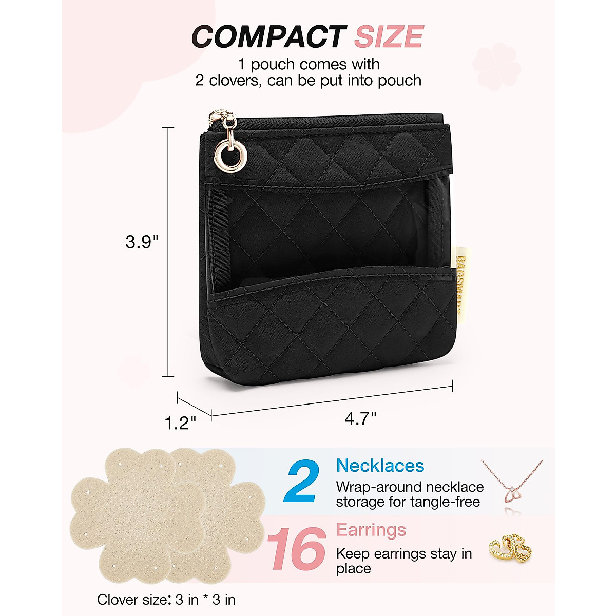 BAGSMART Travel Jewelry Organizer Case,Portable Storage Bag for Travel,Jewelry Pouch for Tangle-Free Necklaces, Earrings,Rings,Bracelet,Small,4pc Pink&Black with 4 Clover