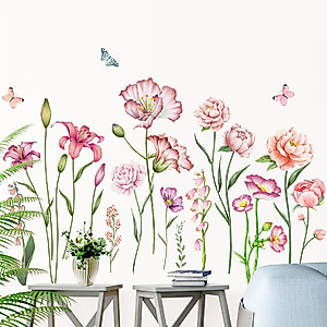 Amaonm Removable Fresh Flower and Flying Butterfly Dragonfly Wall Sticker Blue Pink Lily Poppy Peony Floral Wall Decal DIY Peel and Stick Grass Plants Wall Decor for Girls Baby Bedroom Nursery Living