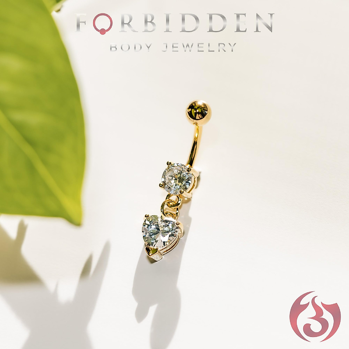 Forbidden Body Jewelry 14kt Gold Plated Surgical Steel Clear CZ Dangle Belly Button Ring with Crystal Heart Charm