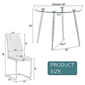 Glass Round Dining Table Set for 4, Modern Kitchen Table Chairs Set of 4 Chairs, Circle Clear Dining Room Table Set for 4 PU Leather Chairs, Comedor de 4 Sillas y Mesa,for Small Space Office Cafe