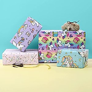 FIEHALA Flat Wrapping Paper Sheets - 8 Sheets with 4 Unicorn Patterns - Pre Cut & Folded Flat Design (20 inches × 27.5 inches per sheet)