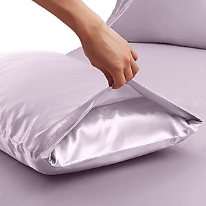 Ersmak 7 Pieces Satin Sheets Set Full Size, Luxury Silky Lavender Satin Bed Sheets Set with 1 Deep Pocket Fitted Sheet, 1 Soft Flat Sheet, 4 Queen Pillowcases and 1 Body Pillowcase