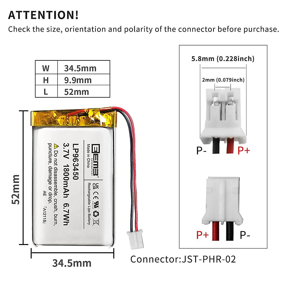 EEMB Lithium Polymer Battery 3.7V 1800mAh 963450 Lipo Rechargeable Battery Pack with Wire JST Connector for Speaker and Wireless Device- Confirm Device & Connector Polarity Before Purchase(1)
