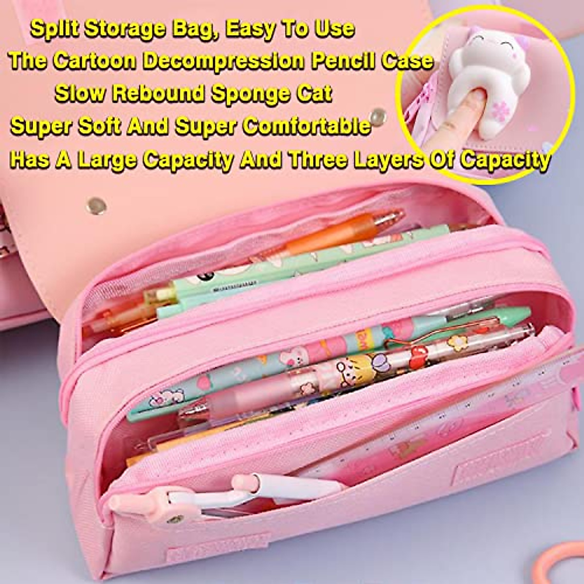 YBDXVX Pencil Case for Girls, Kawaii Pencil Case for Kids, Cute Pencil Pouch with Large Capacity and 3 Compartment, Cartoon 3D Extrusion Cat Toy Decoration, Purple