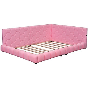 QVUUOU Upholstered Platform Bed Daybed with USB Ports and LED Lights Belt, Full Size Wood Bed Frame for Bedroom Furniture, Teddy Upholstered Bed Multifunctional Bed Floor Bed Grounded Bed (Pink)