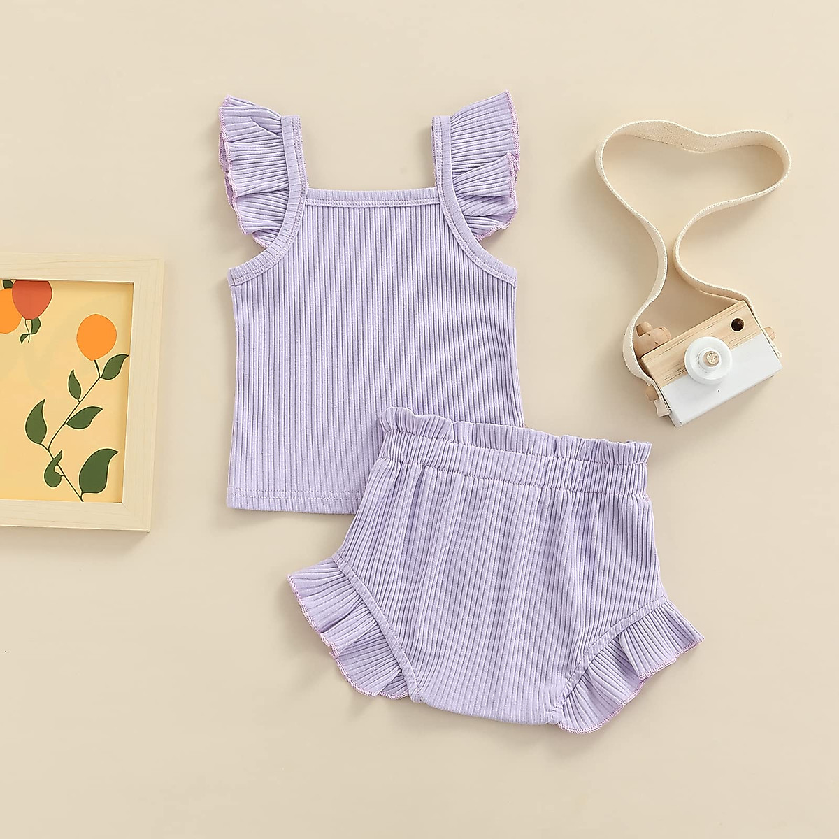 Toddler Baby Girl Summer Short Clothes Ribbed Ruffle Sleeve Tops+Elastic Drawstring Short Pants Two Piece Solid Outfit Set (A-Purple, 12-18 Months)
