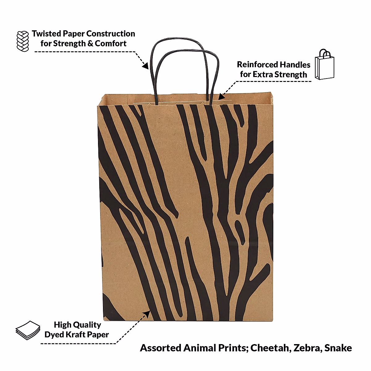 Brown Paper Gift Bags - 10x5x13 Inch 50 Pack Brown Animal Print Medium Bags with Handles, Cheetah, Zebra, Leopard, for Shopping, Groceries, Small Business, Retail, Take-Out, Merchandise, Parties, Events