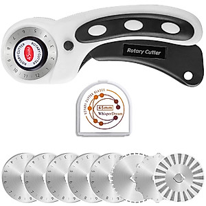 WhisperDream 45mm Rotary Cutter - White Rotary Cutter with Ergonomic Safety Design - 8 Extra Replacement Blades Included, 45mm Rotary Cutter Great for Sewing, Quilting Supplies, Fabric and Crafts