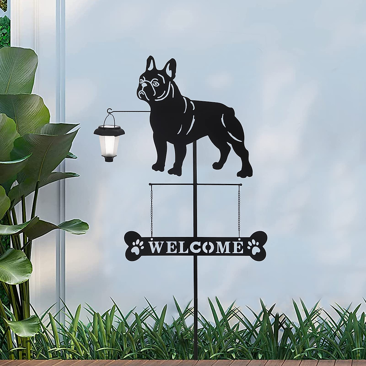 BAYN Solar French Bulldog Silhouette Dog Breed Welcome Sign with a Lantern Outdoor Decorative Garden Stakes for Yard, Lawn, Patio, Pathway