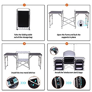 Nice C Camping Kitchen Table, Folding Table, Upgrade Light Stand and Windshield Cooking Station & 3 Organizers, Carry Bag for Outdoor, Beach, BBQ, Picnic, Cooking, Indoor, Office(Silver)