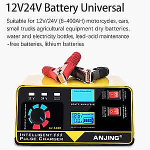 12V 24V Car Battery Charger, 15A Lead-Acid Lithium Battery Charger, Smart Trickle Charger Maintainer, Deep Cycle Battery Repair Charger Automotive Desulfator for Car Motorcycle Truck Boat Lawn Mower