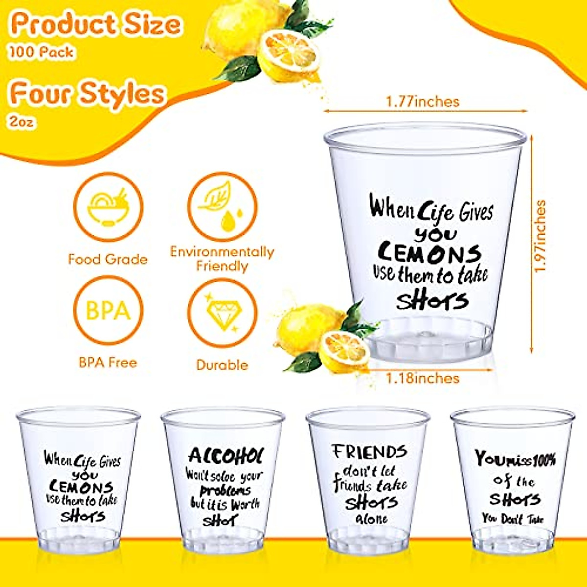 100 Pcs Plastic Shot Glasses 2 oz Disposable Cups Bulk Clear Plastic Sample Cups Transparent Small Tasting Cups Wine Whiskey Container Fun Design for Party Birthday Supplies Wedding, 4 Styles