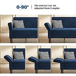 HONBAY Convertible Futon Bed Velvet Sleeper Sofa Tufted Couch Bed with Adjustable Armrests for Apartment, Blue