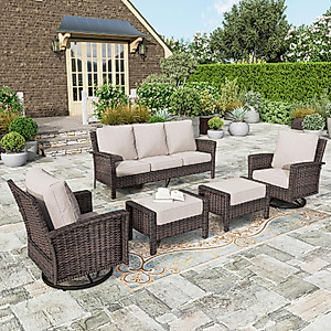 HERA'S HOUSE Patio Furniture Set with High Back Swivel Chairs, 5-Piece Outdoor Wicker Furniture Conversation Set with Ottomans for Garden Yard Porch, Beige