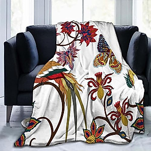 Throw Blanket 40x50 Inch,Oriental Beautiful Flowers Bird Flannel Soft Cozy Fluffy Throw Blankets and Warm Throws for Adults in Couch Sofa Bed 50x40 Inch