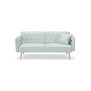 Jintop 67.71 Inch Waterproof Faux Leather Upholstered Sleeper Sofa-Bed and Adjustment Armres,Tuffed Button Couch Chaise w/Metal Legs & Pillows,for Dorm,Apartment,Studio,White, 67.71"