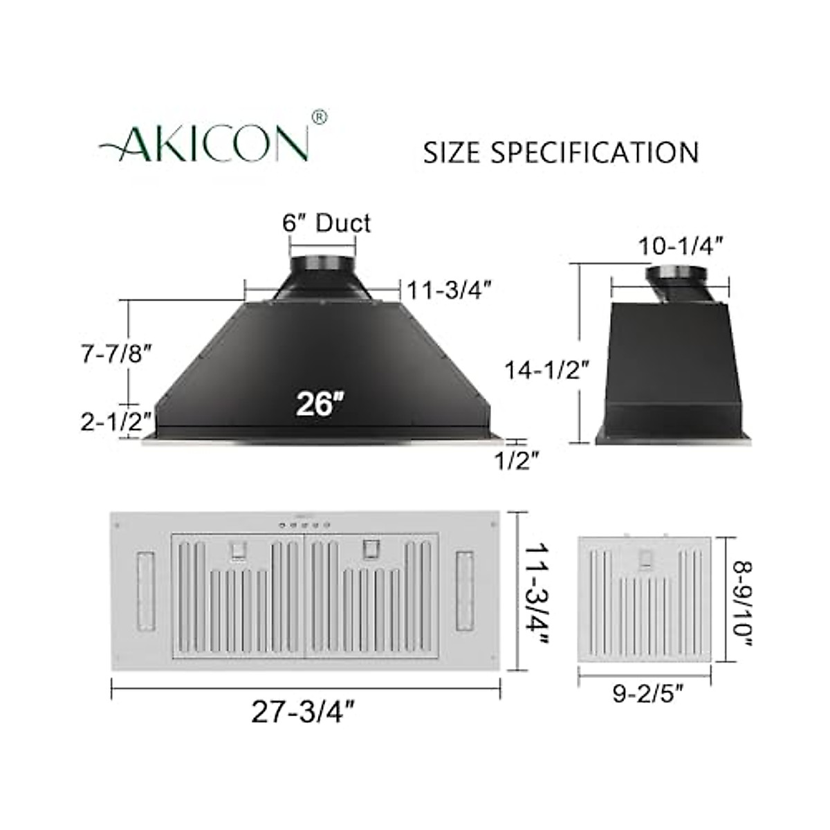 Akicon 30 Inch Range Hood Insert, Ultra Quiet Stainless Steel Ducted Insert/Built-in Kitchen Vent Hood with Powerful Suction, LED Lights and Dishwasher Safe Filters, 3-Speeds 600 CFM