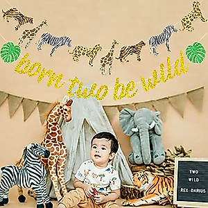 Born Two Be Wild Banner Gold Glitter Animal Print Cheetah Garland, Jungle Safari Theme Wild Two Second Birthday Party Decorations for Kids
