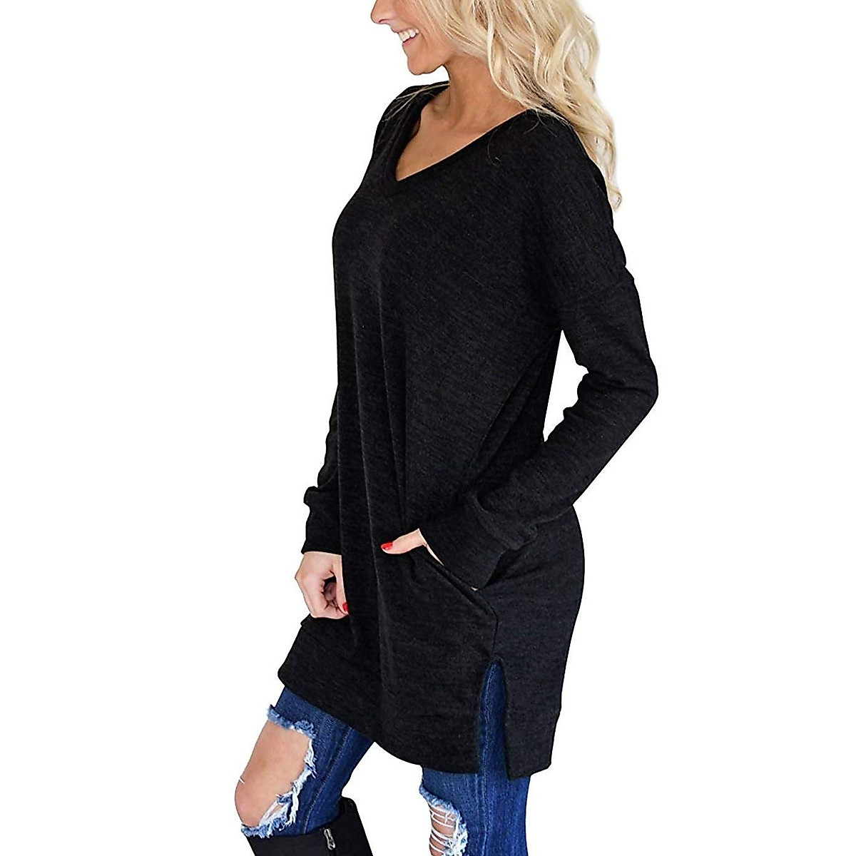 LERUCCI Womens Casual Long Sleeves Solid V-Neck Tunics Tops with Pockets Black X-Large