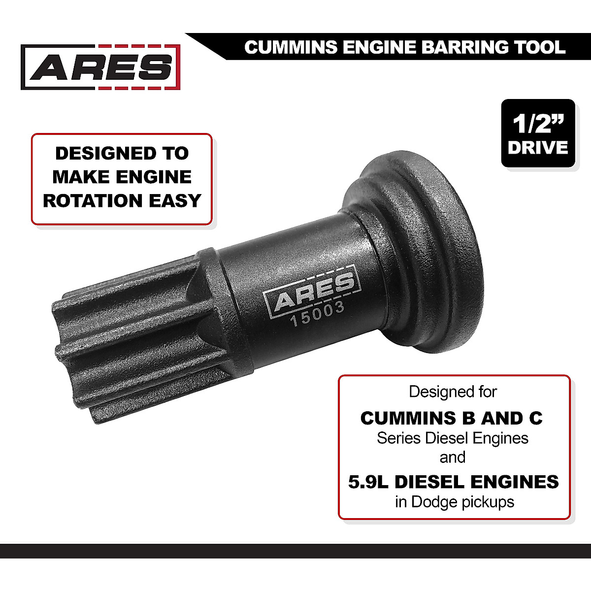 ARES 15003 - Engine Barring Tool for Cummins - Makes Engine Rotation Easy - Use with Cummins B and C Series Diesel Engines and Use with Dodge Pickup 5.9-Liter Diesel Engines