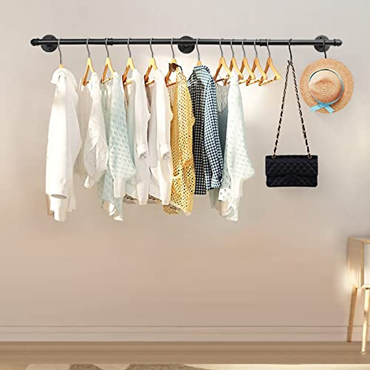 Livabber Industrial Pipe Clothes Rack, Heavy Duty Detachable Iron Garment Rack Wall Mounted, Rustic Saving Space Clothes Bar Multi-Purpose Hanging Rod for Bedroom, Closet, Black (60 Inch)