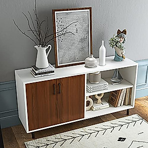 Giantex Buffet Sideboard, Modern Storage Cabinet with 2 Doors and Open Shelves, 58” Kitchen Cupboard with Metal Legs, Coffee Bar Cabinet for Kitchen, Living Room, White & Walnut