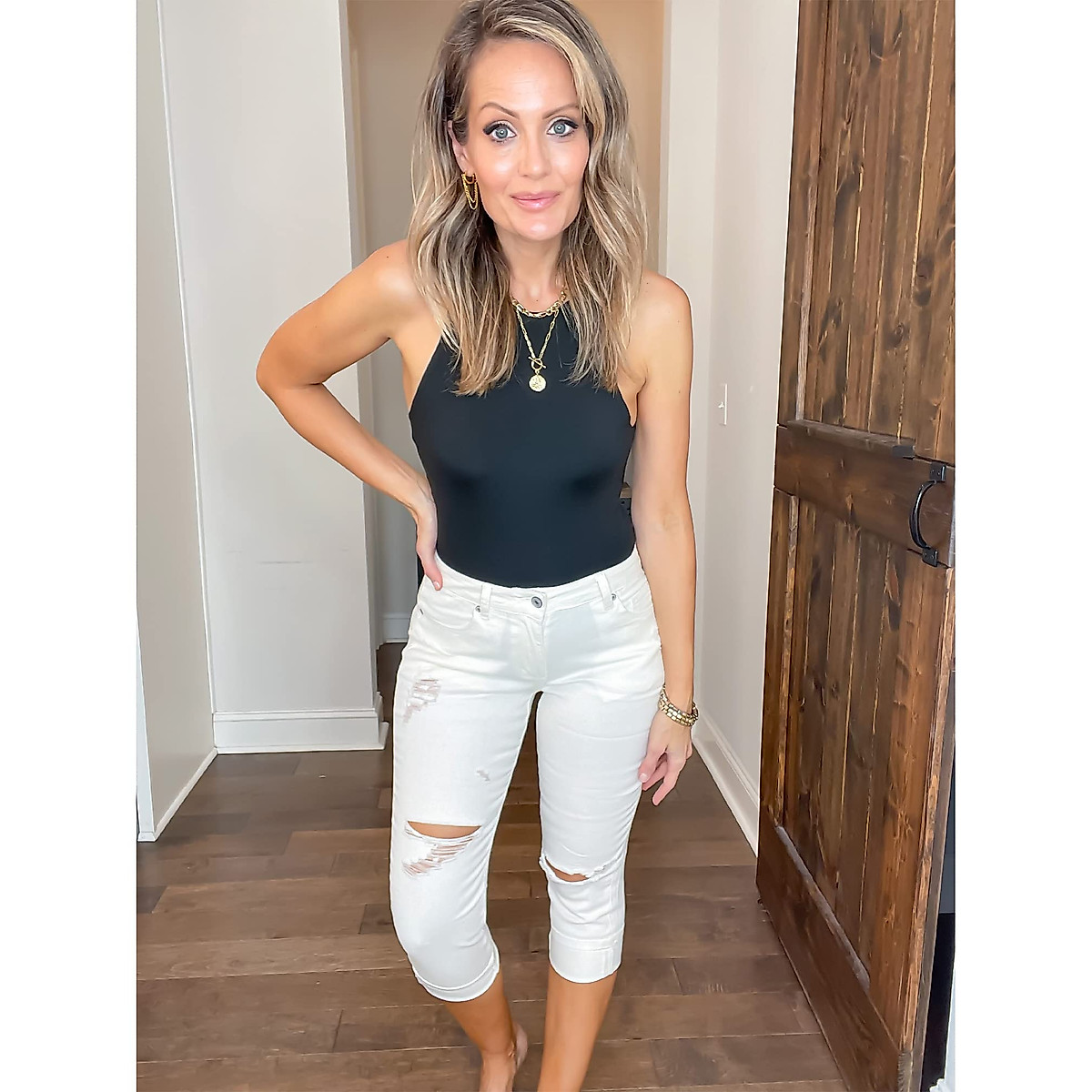 luvamia Women's Casual High Waist Ripped Capri Jeans Brilliant White Ripped Jeans Women High Waist Jeans for Women White Capri Jeggings for Women Size Medium Fits Size 8 / Size 10