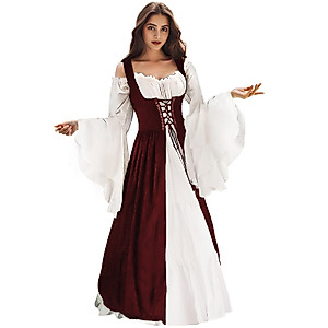 WYZJL Renaissance Dress Women Medieval Dress Ren Faire Costume Renaissance Overdress Outfit Irish Dress Halloween Costume, Burgundy S/M
