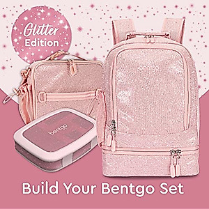 Bentgo® Kids 2-in-1 Backpack & Insulated Lunch Bag - Glitter Designed 16” Backpack for School & Travel - Durable, Water Resistant, Padded, & Large Compartments (Glitter Edition - Petal Pink)