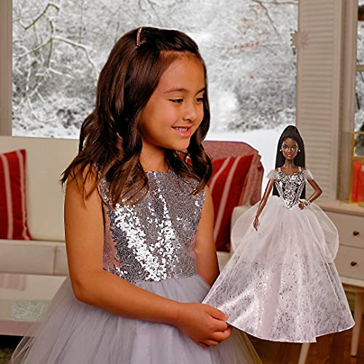 Barbie Signature 2021 Holiday Doll (12-inch, Brunette Braided Hair) in Silver Gown, with Doll Stand and Certificate of Authenticity, Gift for 6 Year Olds and Up